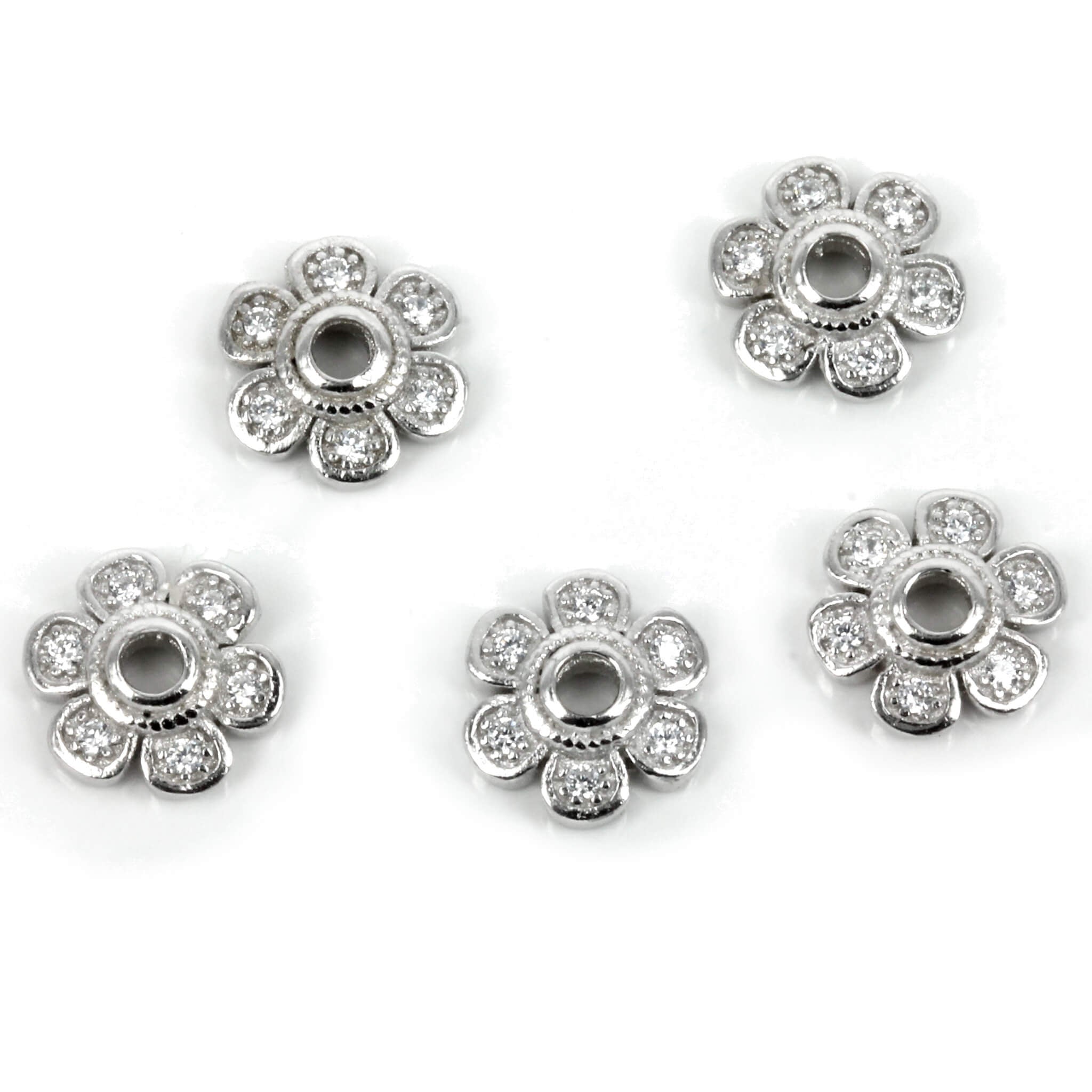 Flower Bead Cap with Cubic Zirconia Petals in Sterling Silver 9mm ...