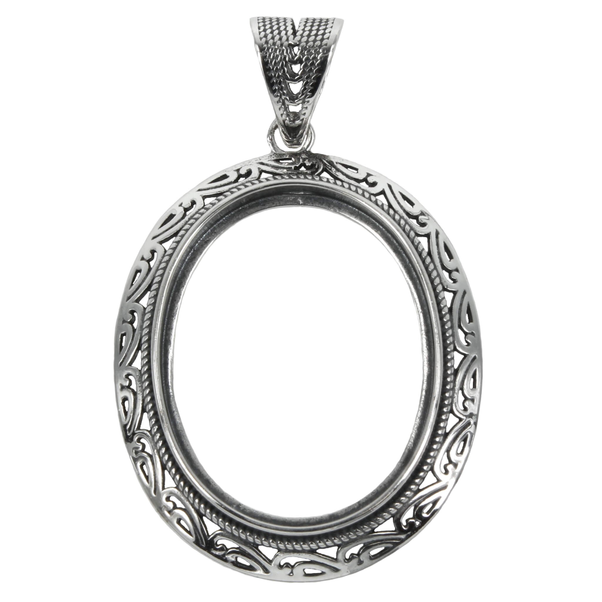 Oval Pendant With Open Rococo Border and Soldered Loop and Bail in Ste ...